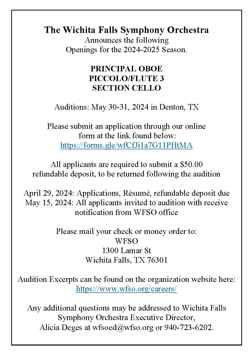 WFSO Audition Announcement 2024 – Dallas/Fort Worth Professional ...